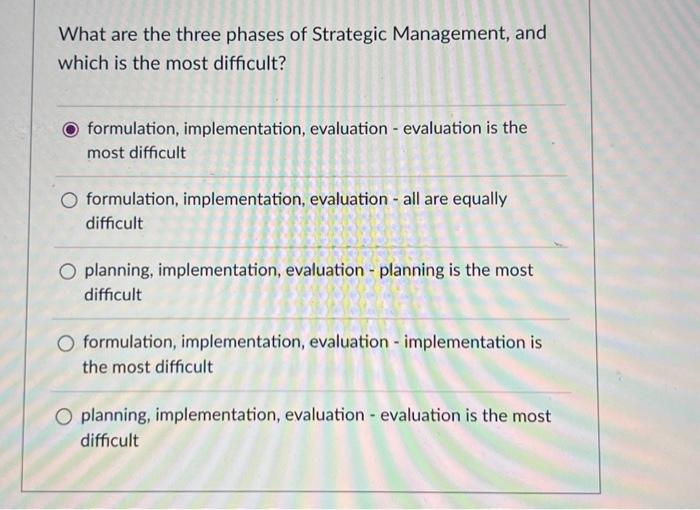 Solved What are the three phases of Strategic Management, | Chegg.com