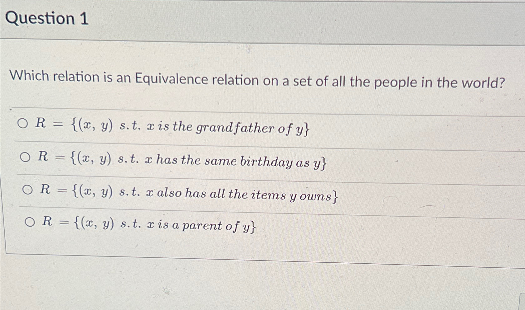 Solved Question 1Which relation is an Equivalence relation | Chegg.com