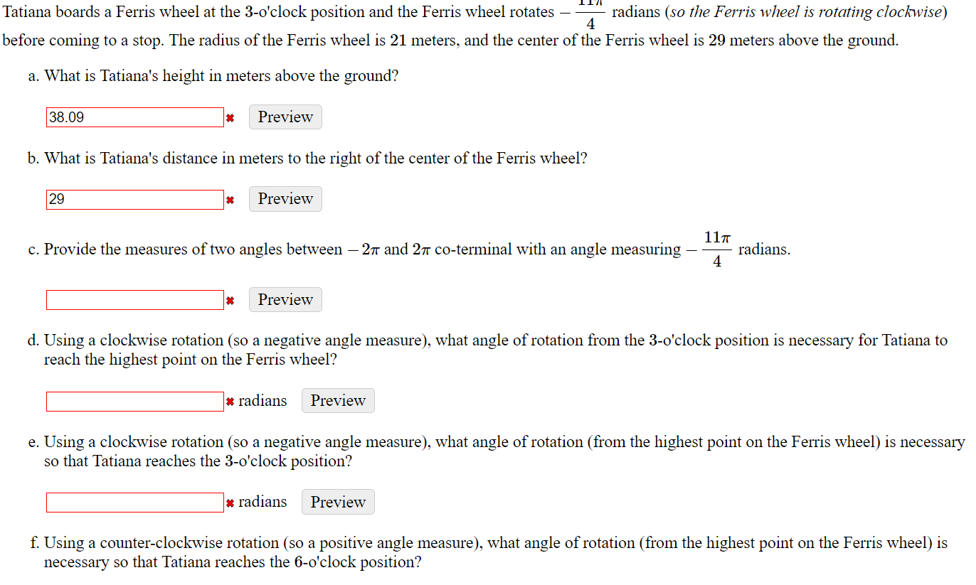 Solved Tatiana boards a Ferris wheel at the 3 -o'clock | Chegg.com
