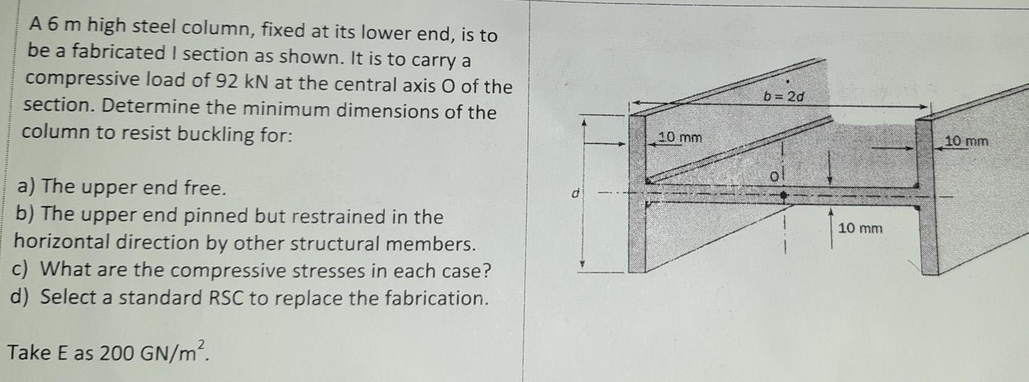 Solved A 6 m high steel column, fixed at its lower end, is | Chegg.com