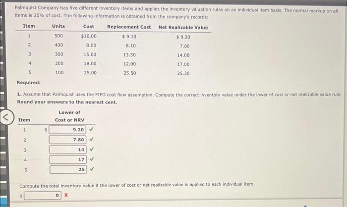 Solved Palmquist Company has five different inventory items | Chegg.com