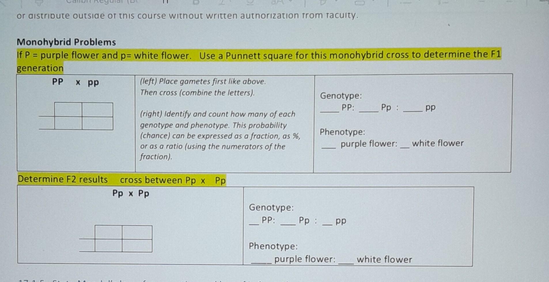 Solved Monohybrid Problems If P = purple flower and p= white | Chegg.com