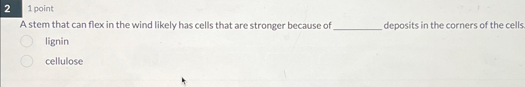Solved 21 ﻿pointA stem that can flex in the wind likely has | Chegg.com