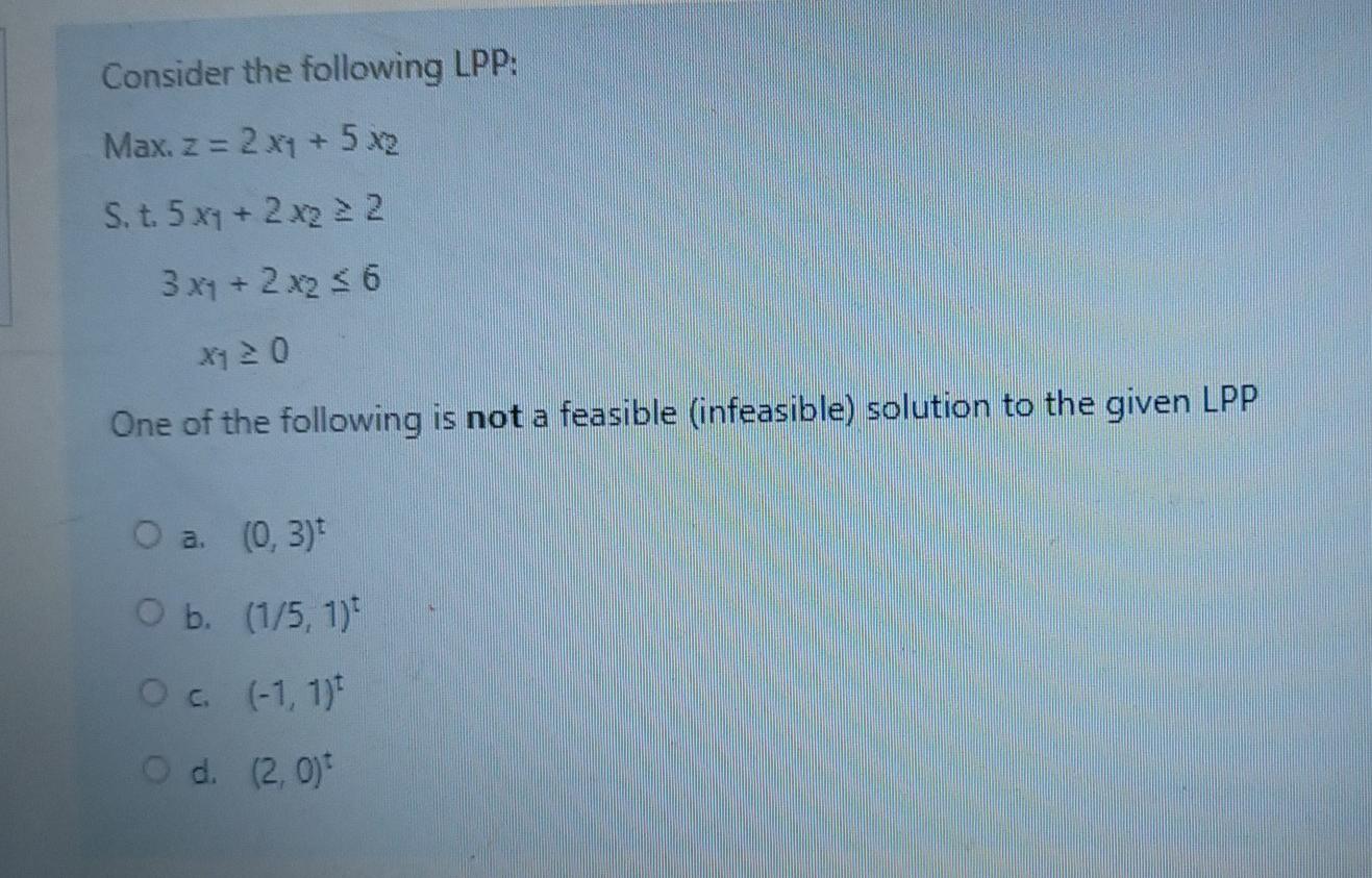 Solved Consider the following LPP: Max. z = 2 x1 + 5 x2 S. | Chegg.com