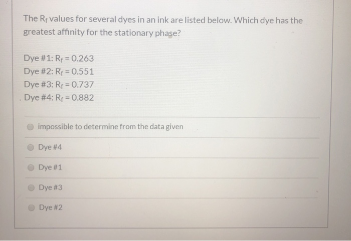 Solved The Rf values for several dyes in an ink are listed | Chegg.com