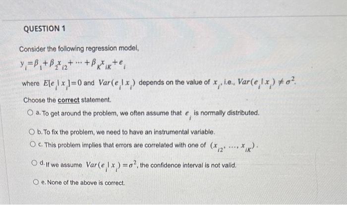 Solved Consider the following regression model, | Chegg.com