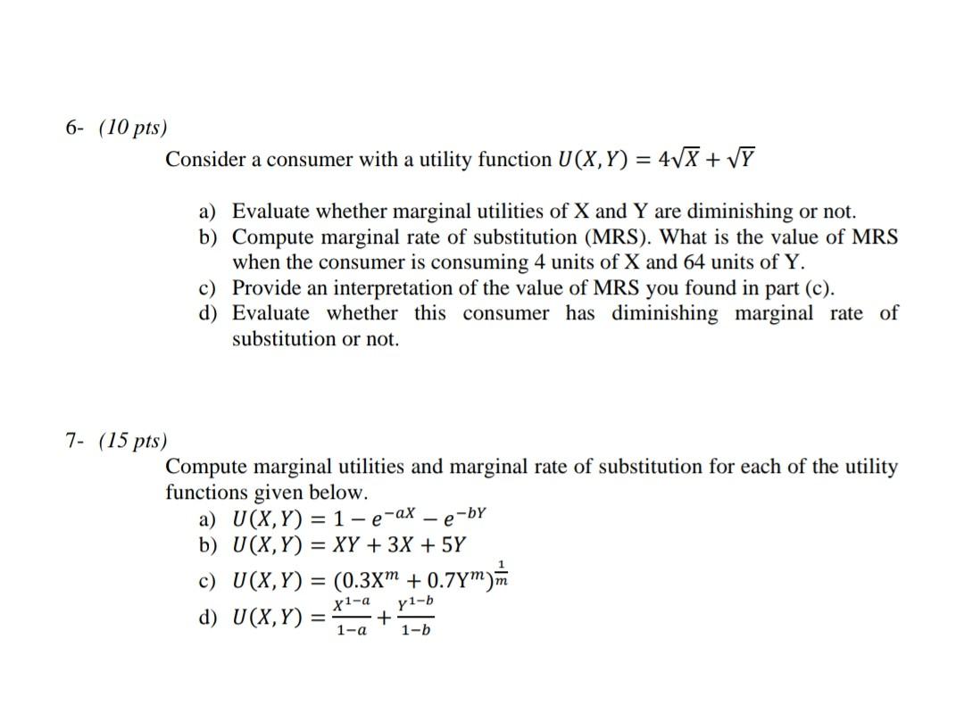 Solved (10pts) Consider a consumer with a utility function | Chegg.com