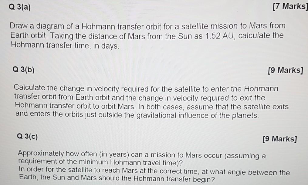 Solved Q3(a) [7 Marks] Draw a diagram of a Hohmann transfer | Chegg.com