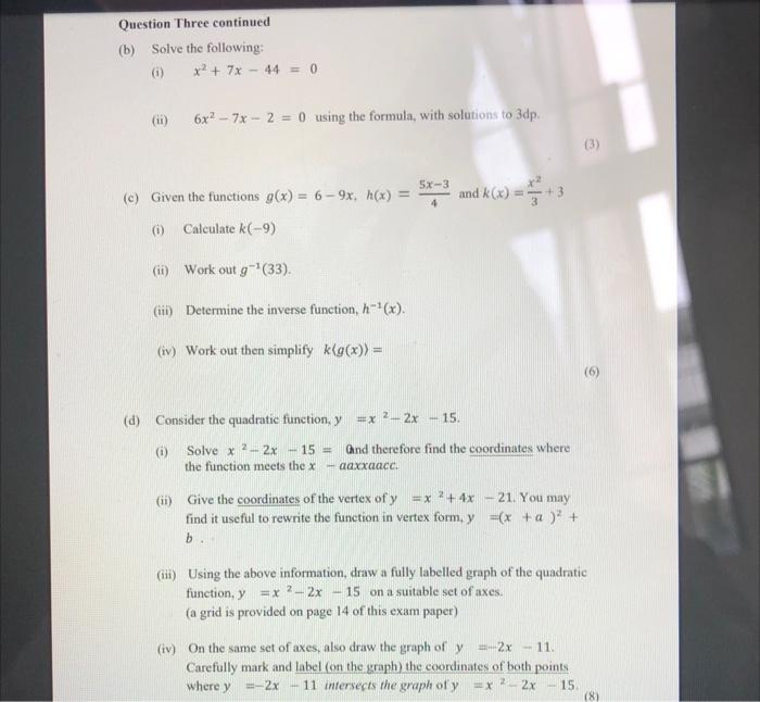 Solved Question Three continued (b) Solve the following: (i) | Chegg.com