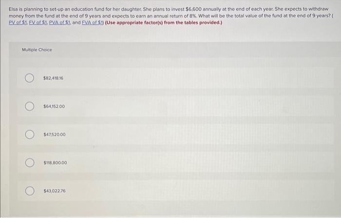 Solved Elsa is planning to set-up an education fund for her | Chegg.com