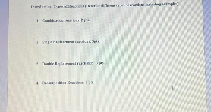 Solved Introduction -Types of Reactions (Describe different | Chegg.com