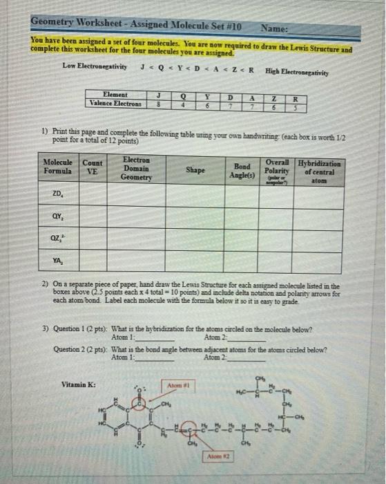 Solved Geometry Worksheet - Assigned Molecule Set #10 Name: | Chegg.com