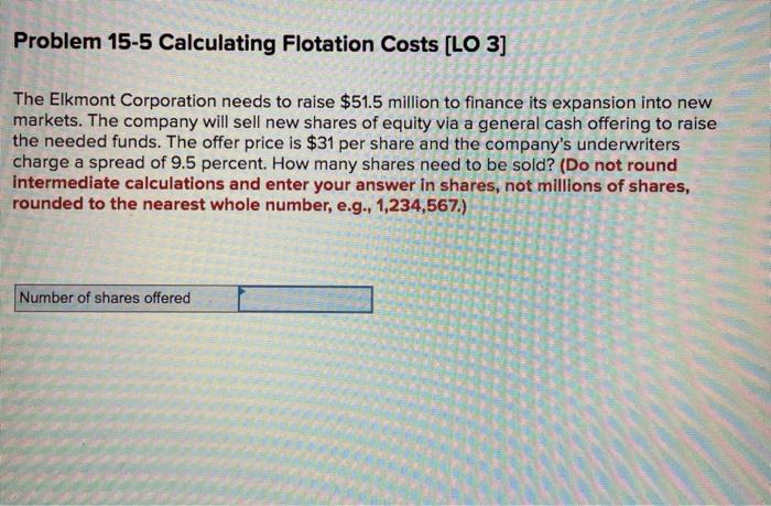 Solved Problem 15-5 Calculating Flotation Costs [LO 3] The | Chegg.com