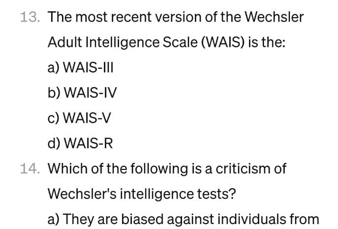 Solved The most recent version of the Wechsler Adult | Chegg.com