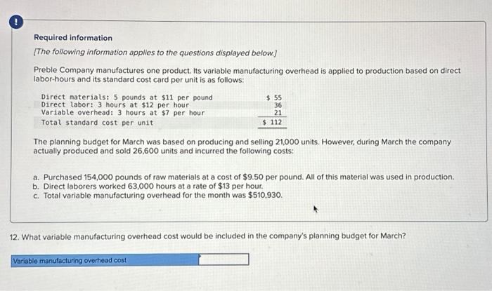 Solved Preble Company manufactures one product. Its variable | Chegg.com