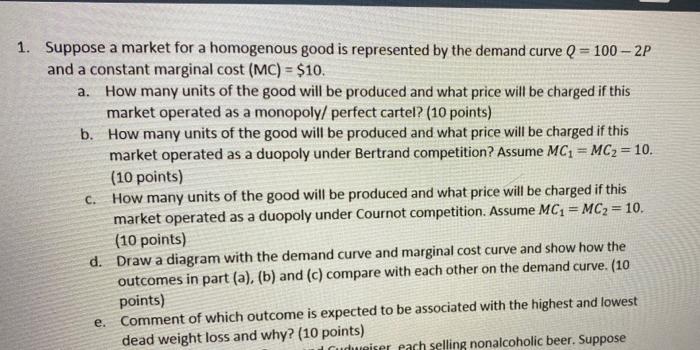 Solved 1. Suppose a market for a homogenous good is | Chegg.com