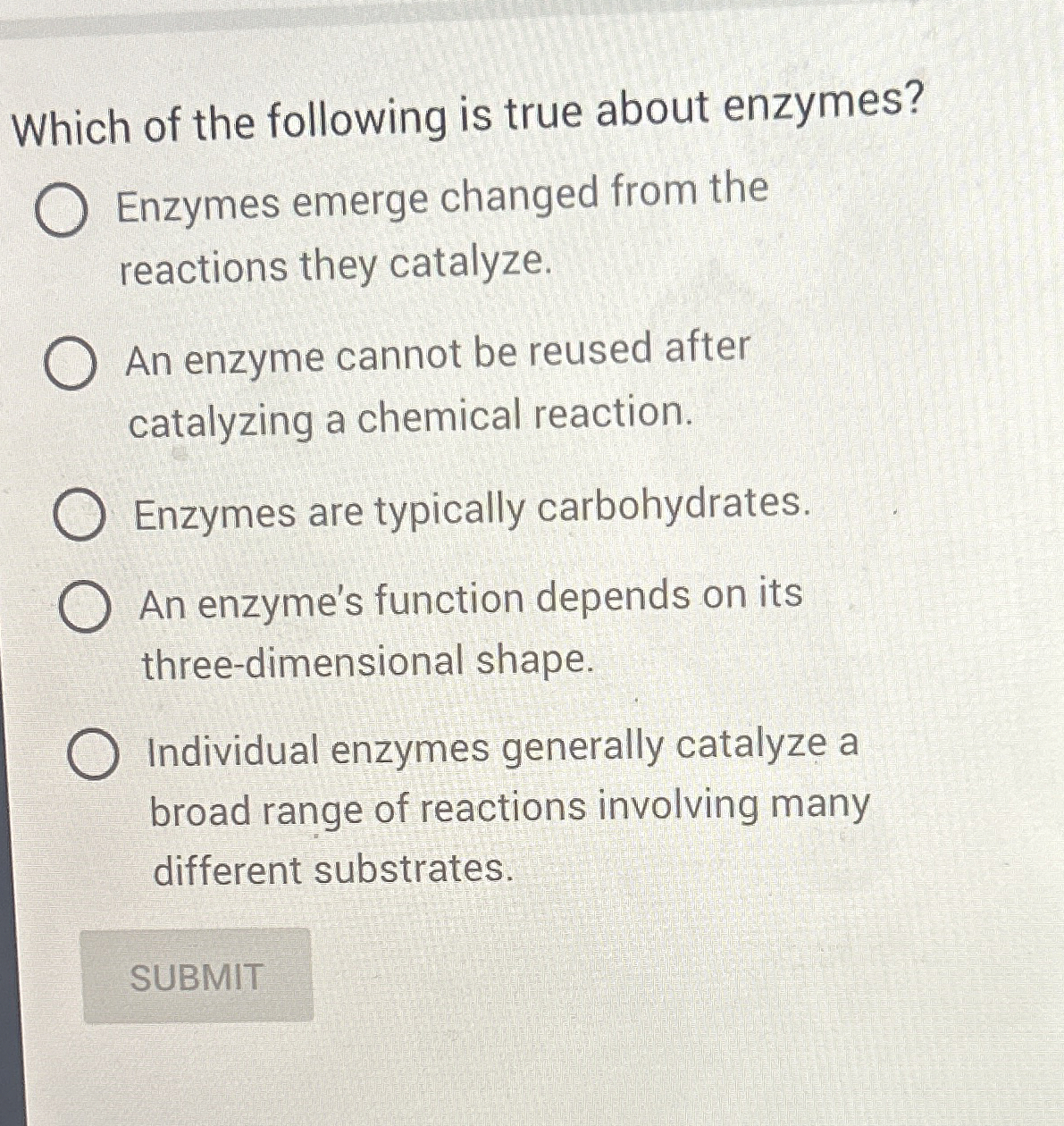 Solved Which of the following is true about enzymes?Enzymes | Chegg.com