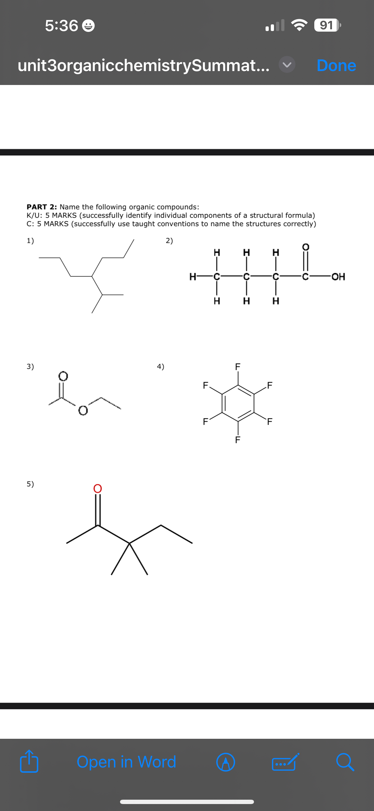 Solved 5:3691unit3organicchemistrySummat...PART 2: Name the | Chegg.com
