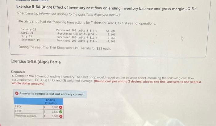 Solved Exercise 5−5 A (Algo) Effect of inventory cost flow | Chegg.com