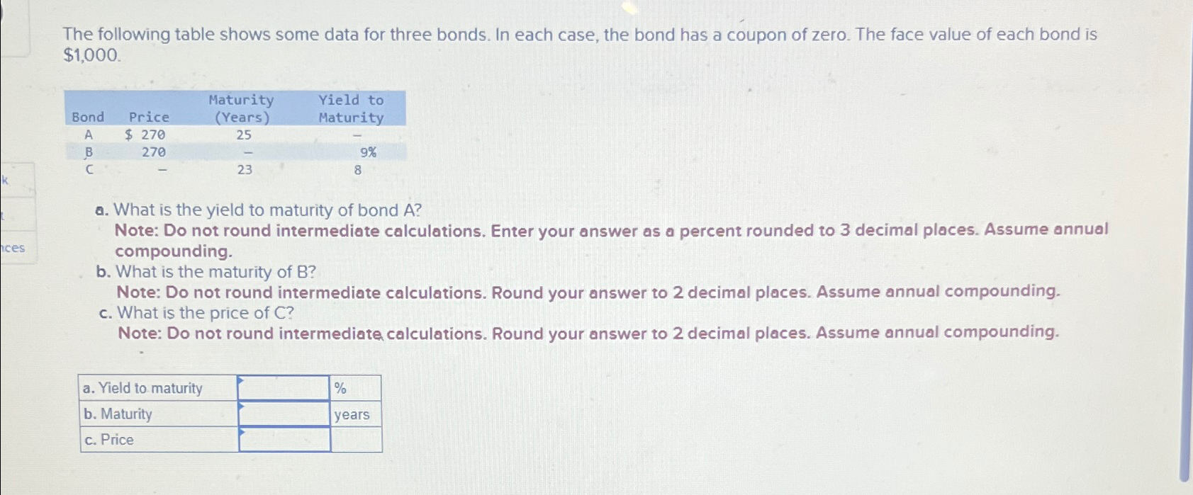 The Following Table Shows Some Data For Three Bonds 