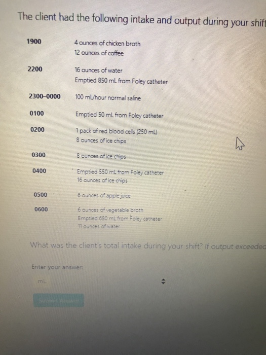 Solved The client had the following intake and output during | Chegg.com