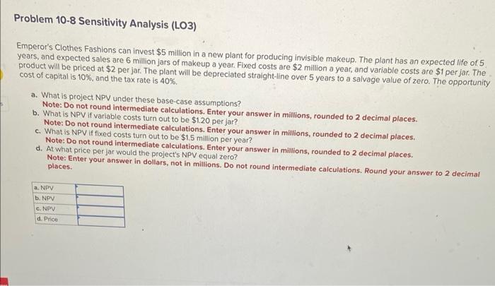 Solved rrodrem 10−8 Sensitivity Analysis (LO3) Emperor's | Chegg.com