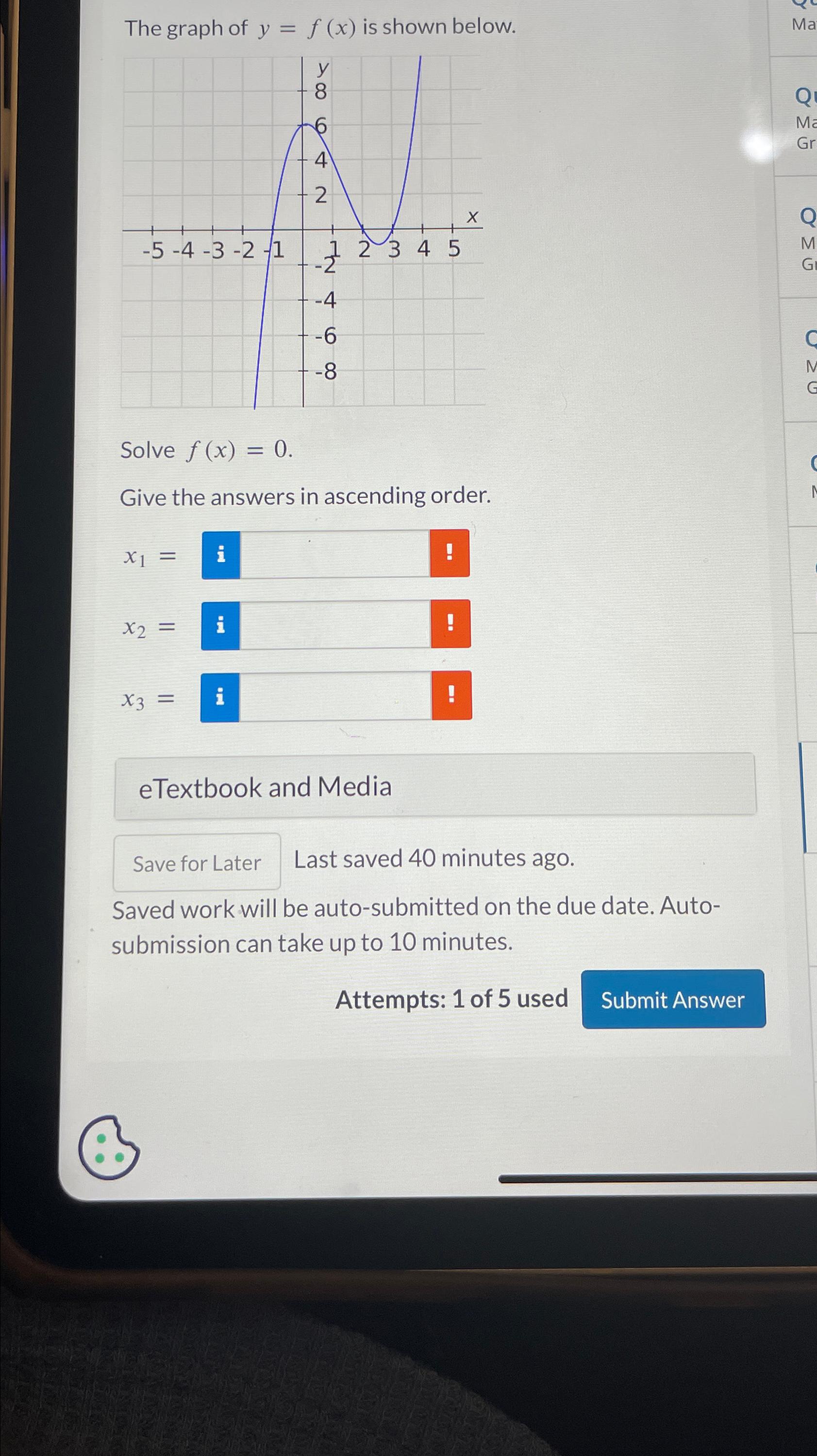 Solved The graph of y=f(x) ﻿is shown below.Solve f(x)=0.Give | Chegg.com