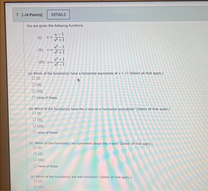 Solved You are given the following functions. (I) v=u2+1u−1 | Chegg.com