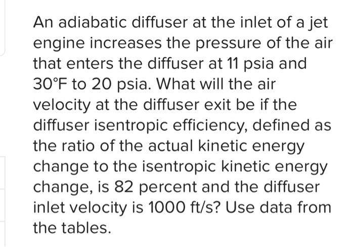 Solved An adiabatic diffuser at the inlet of a jet engine | Chegg.com