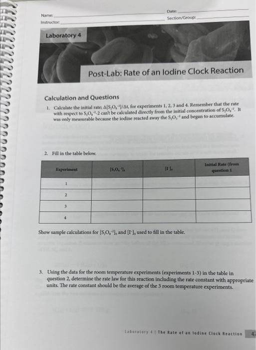 Iodine Clock Reaction Data collection taboratory 4 | | Chegg.com