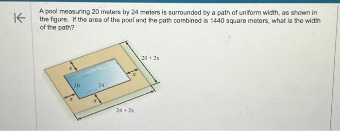 Solved A pool measuring 20 meters by 24 meters is surrounded | Chegg.com