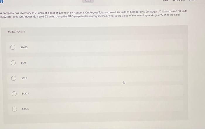 Solved A company has inventory of 31 units at a cost of $21 | Chegg.com