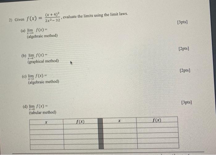 Solved 2) Given f(x)=2x2−32(x+4)2, evaluate the limits using | Chegg.com