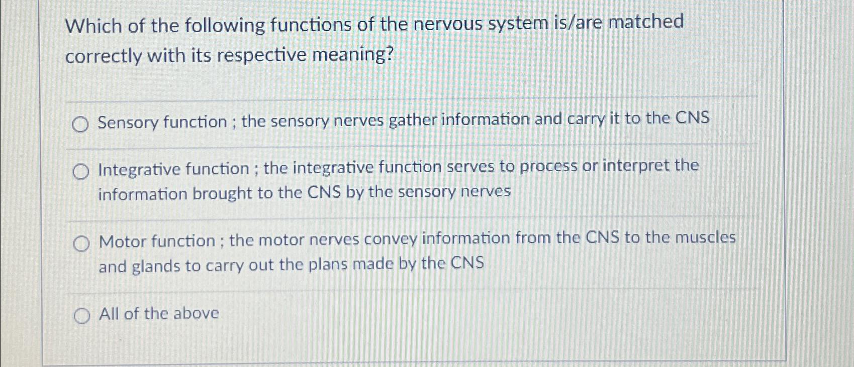 Solved Which of the following functions of the nervous | Chegg.com