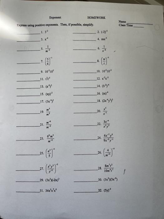 Solved Exponent HOMEWORK Express using positive exponents. | Chegg.com