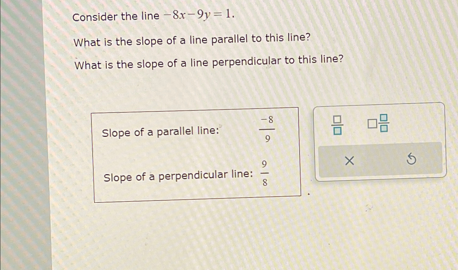 Solved Consider the line -8x-9y=1What is the slope of a line | Chegg.com