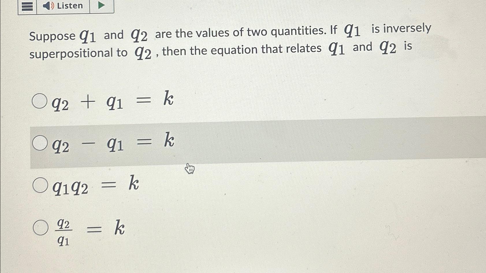 Solved Suppose q1 ﻿and q2 ﻿are the values of two quantities. | Chegg.com