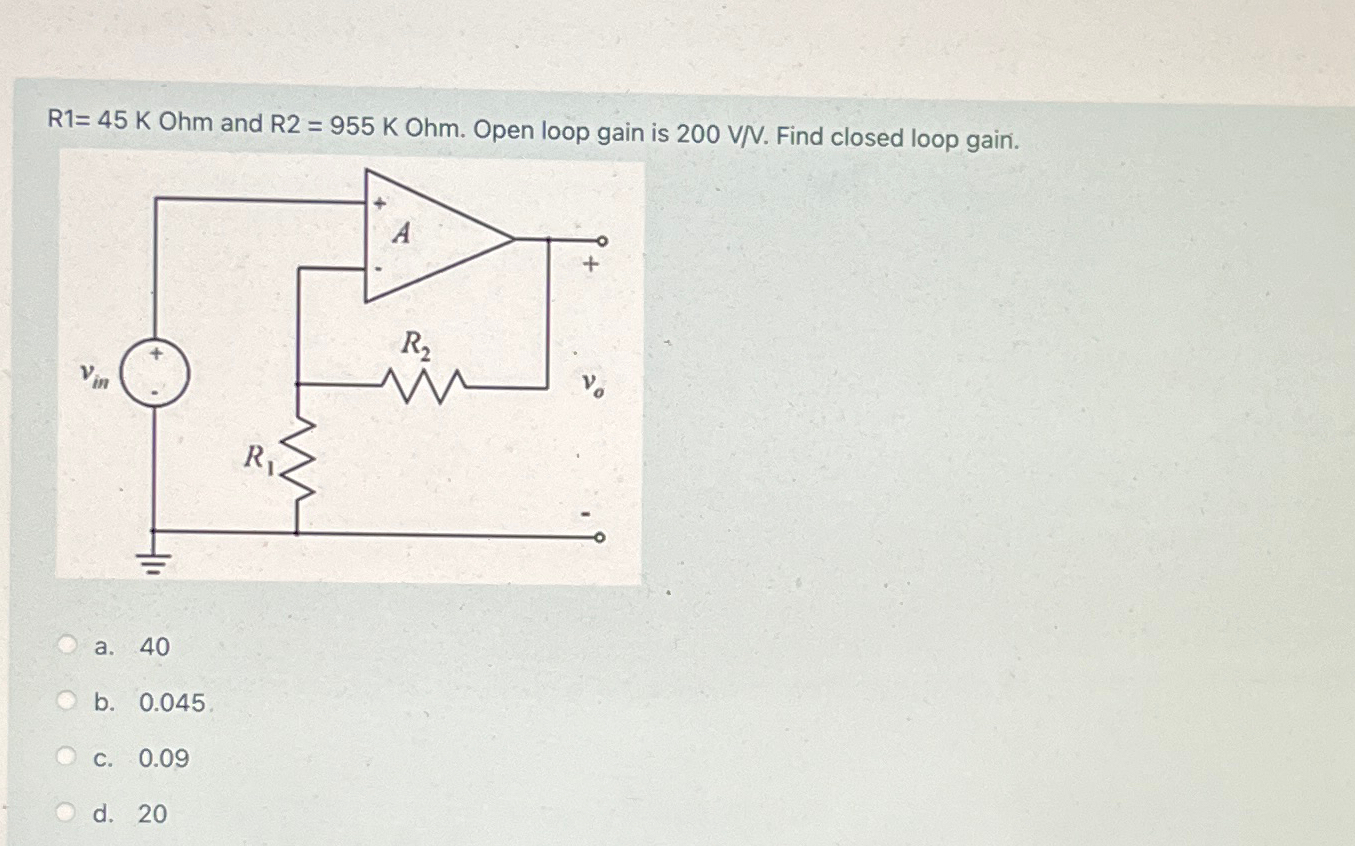 Solved R1=45KOhm and R2 =955KOhm. Open loop gain is 200V?. | Chegg.com