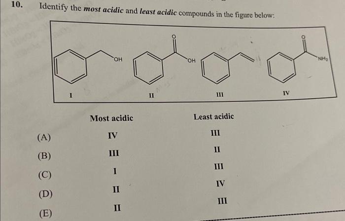 Solved 10. Identify the most acidic and least acidic | Chegg.com