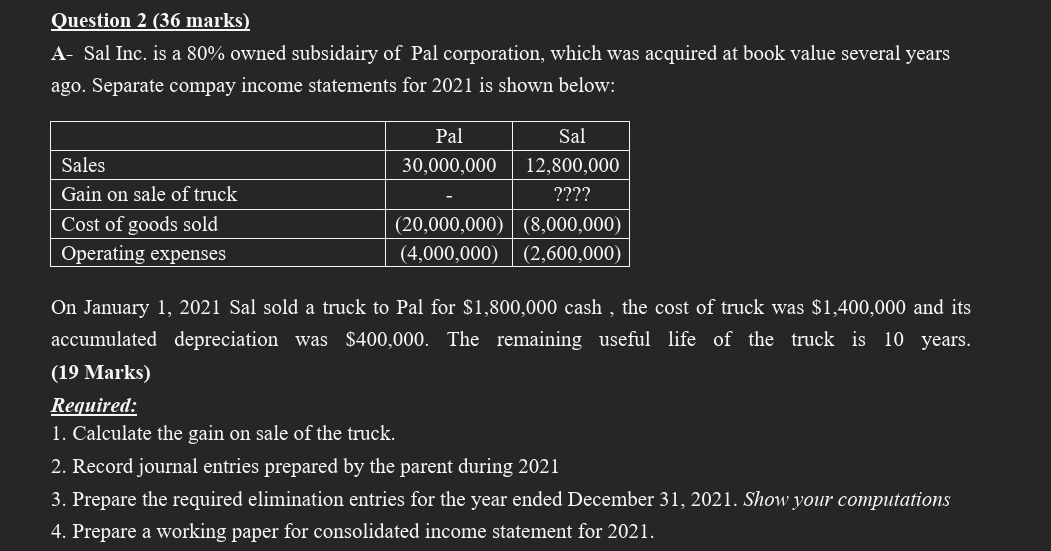 Solved Ouestion 2 (36 ﻿marks)A- ﻿Sal Inc. is a 80% ﻿owned | Chegg.com