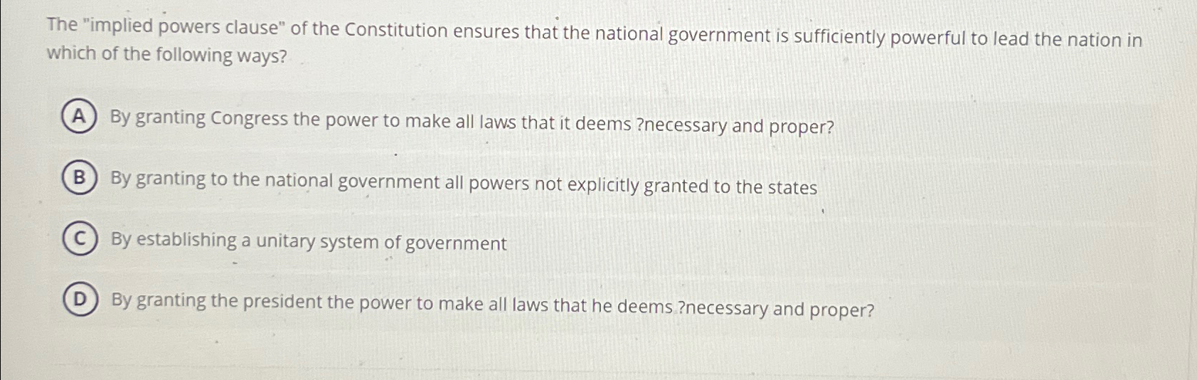 Solved The "implied powers clause" of the Constitution | Chegg.com