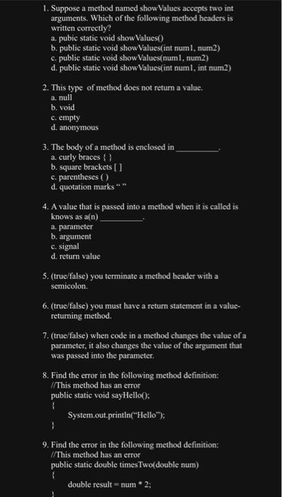 Solved 1. Suppose a method named showValues accepts two int | Chegg.com