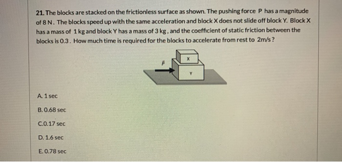 Solved 21. The blocks are stacked on the frictionless | Chegg.com