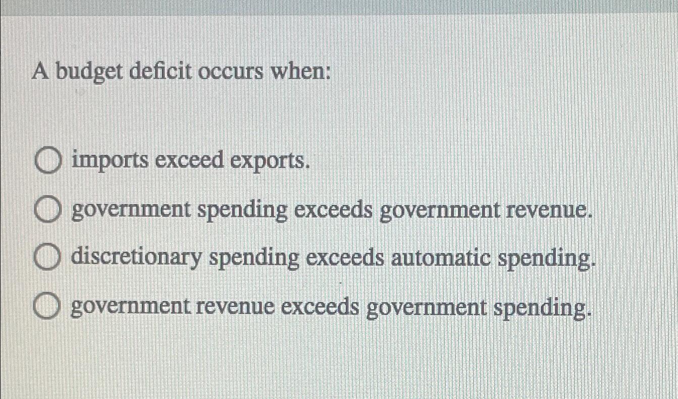Solved A budget deficit occurs when:imports exceed | Chegg.com