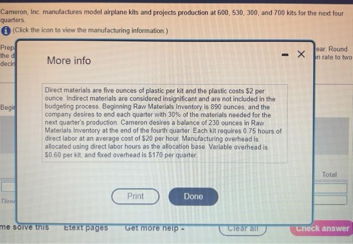 Solved Cameron, Inc. manufactures model airplane kits and | Chegg.com