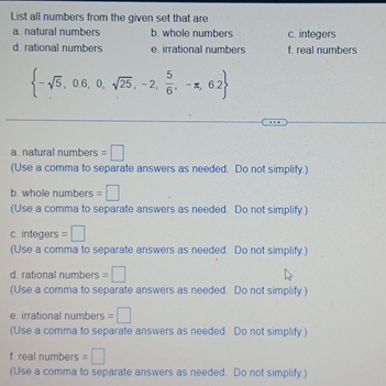 Solved List all numbers from the given set that area. | Chegg.com