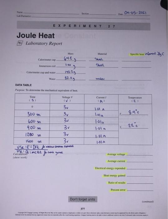 Solved Nam Lab Dure 04-05-2021 EXPERIMENT 27 Joule Heat TV | Chegg.com