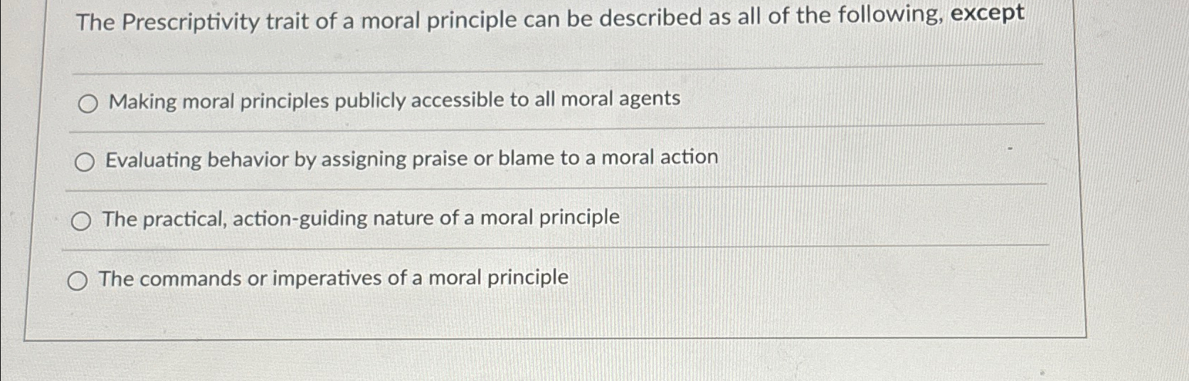 Solved The Prescriptivity trait of a moral principle can be | Chegg.com