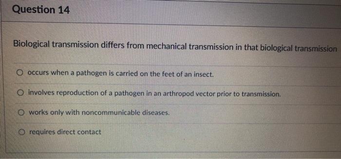 Solved Question 14 Biological transmission differs from | Chegg.com