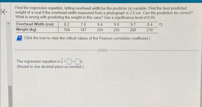 Solved Find the regression equation, letting overhead width | Chegg.com